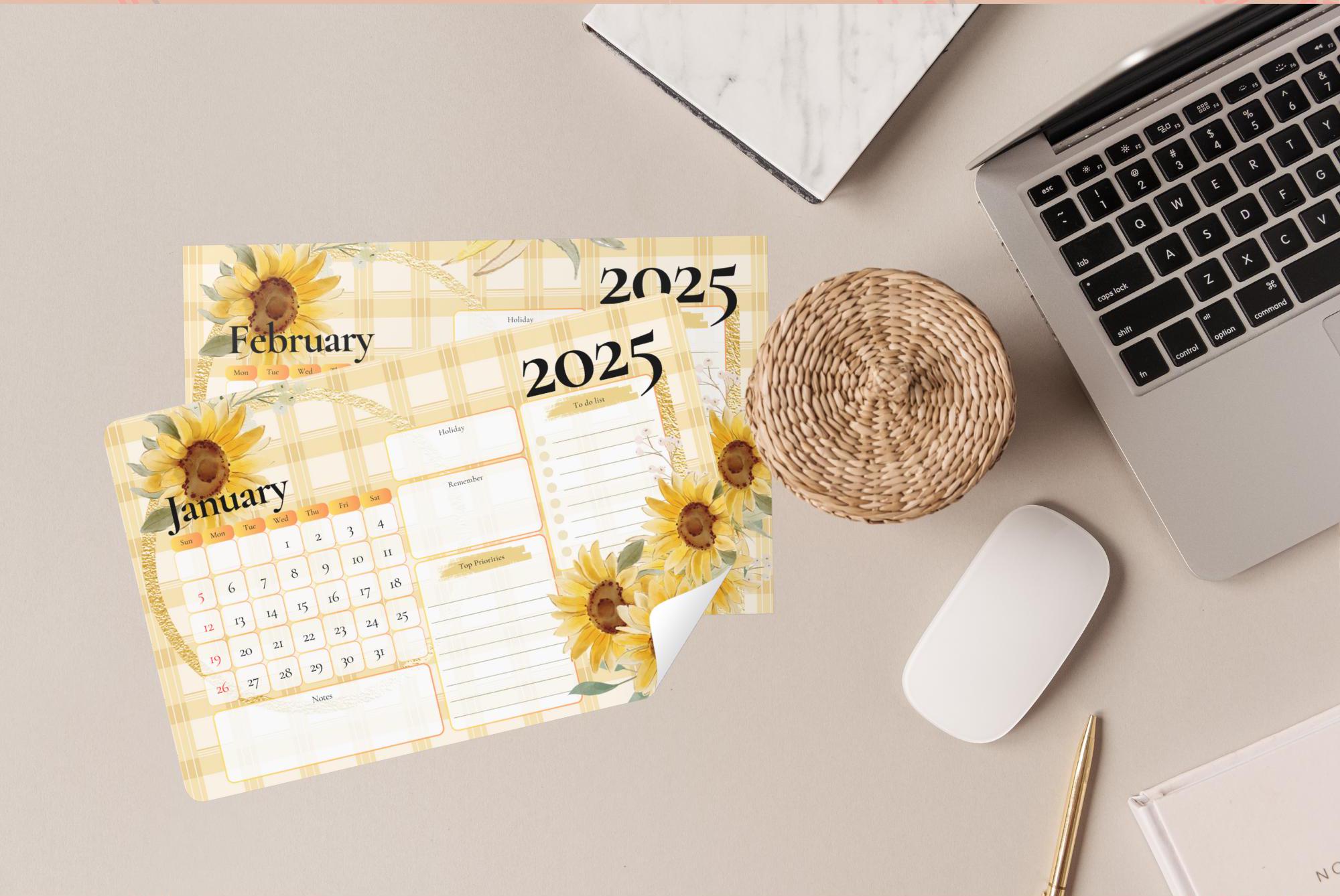 PRINTABLE 2025 CALENDAR Sunflower, Desk Calendar, Pdf Png Printable PDF ...
