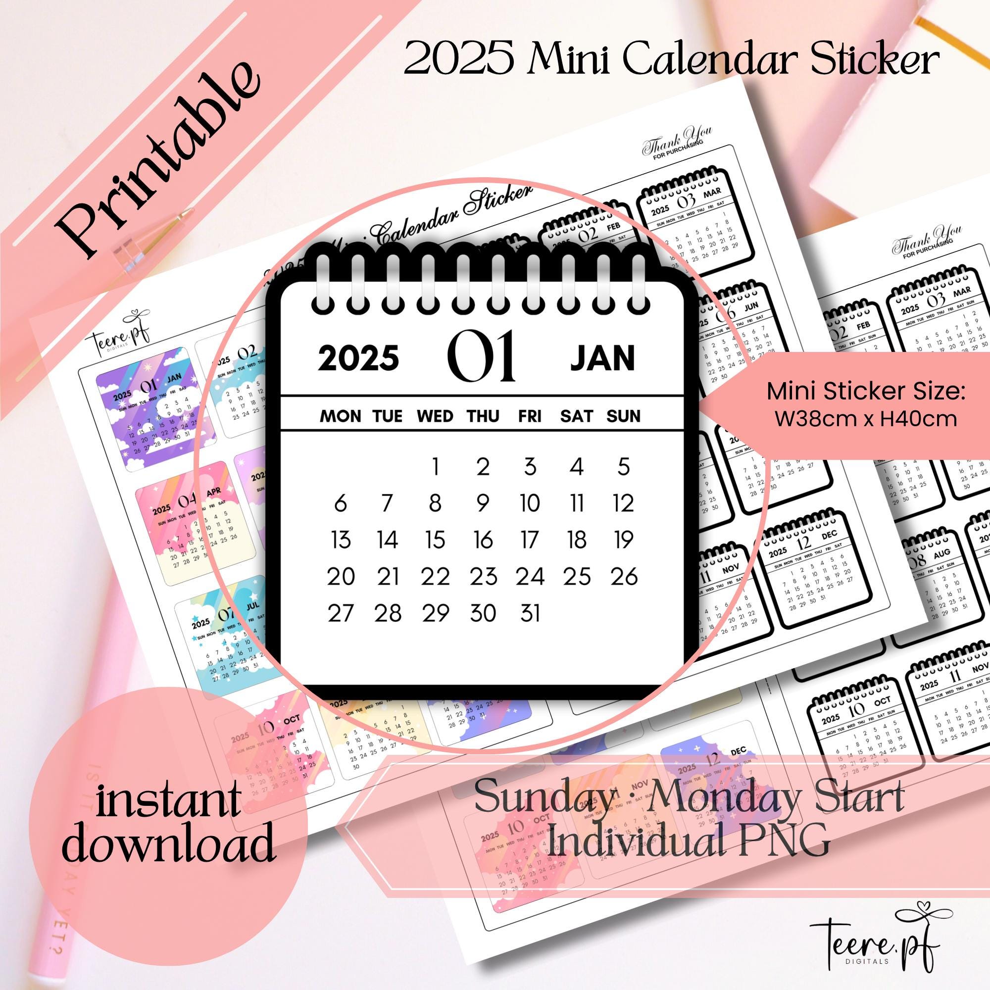 2025 Mini Calendar Sticker, Printable Planner Sticker - Etsy