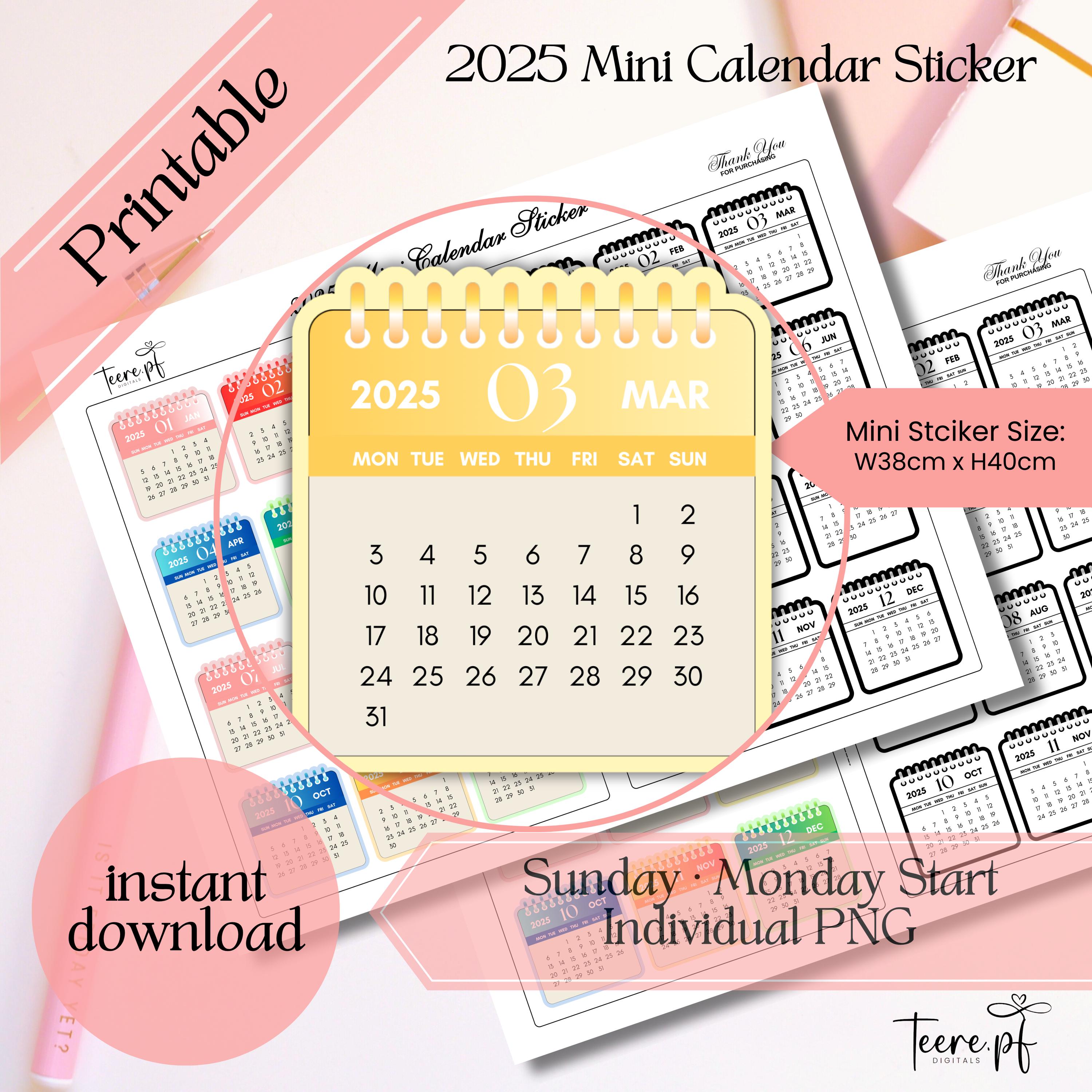 2025 Mini Calendar Sticker, Printable Planner Sticker - Etsy