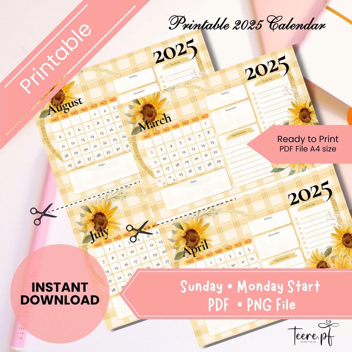 PRINTABLE 2025 CALENDAR Sunflower, Desk Calendar, Pdf Png Printable PDF ...