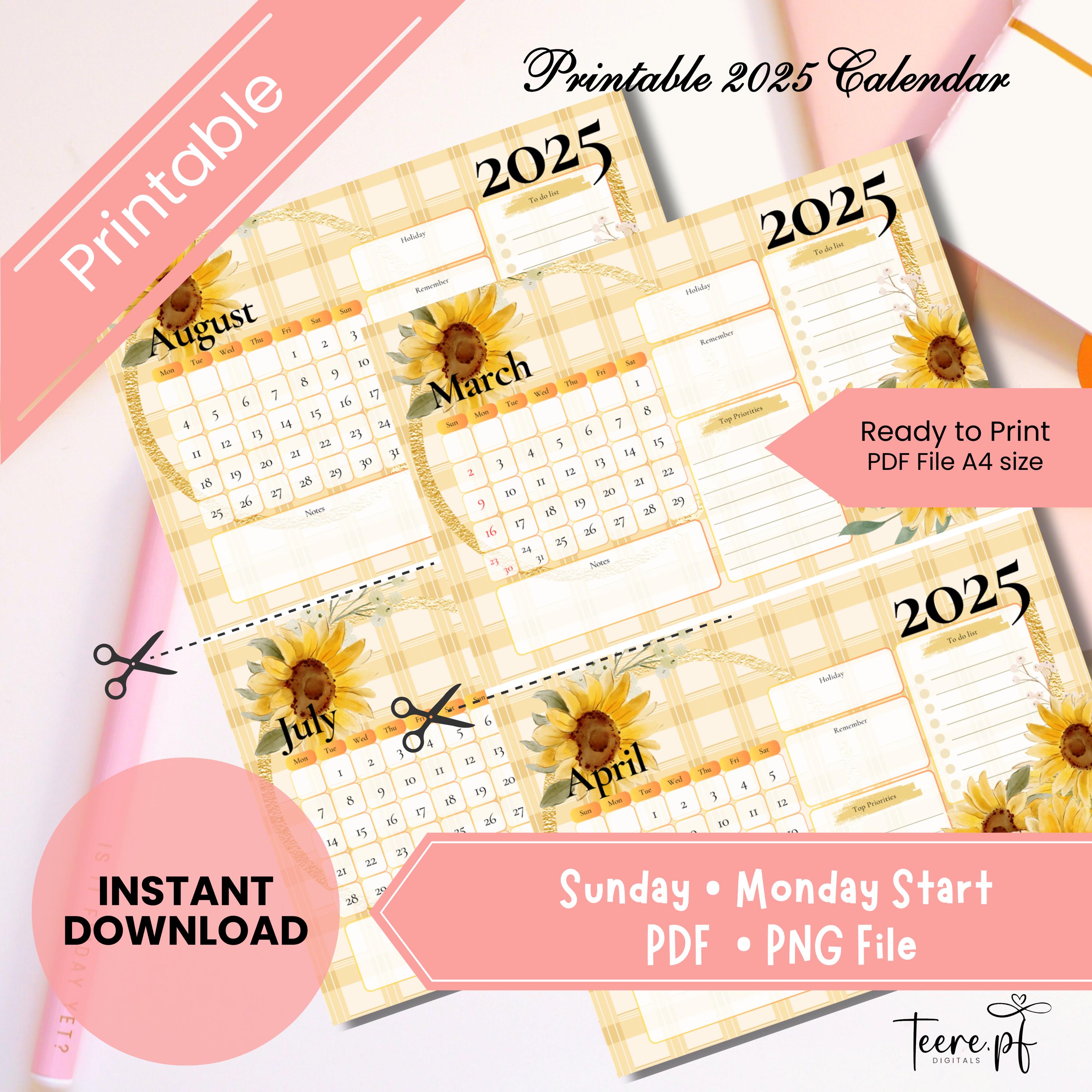 PRINTABLE 2025 CALENDAR Sunflower, Desk Calendar, Pdf Png Printable PDF ...