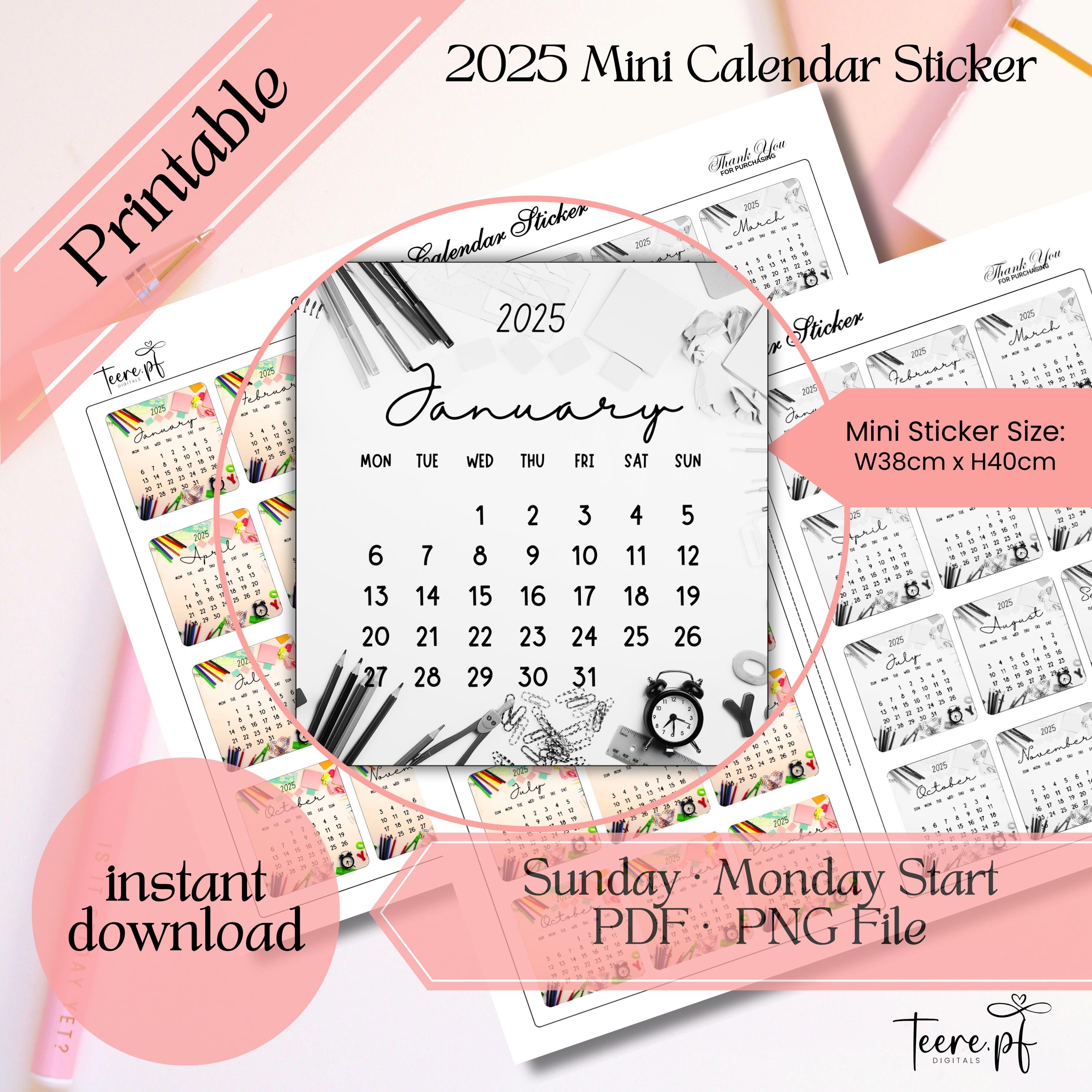2025 Mini Calendar Sticker, Printable Planner Sticker - Etsy