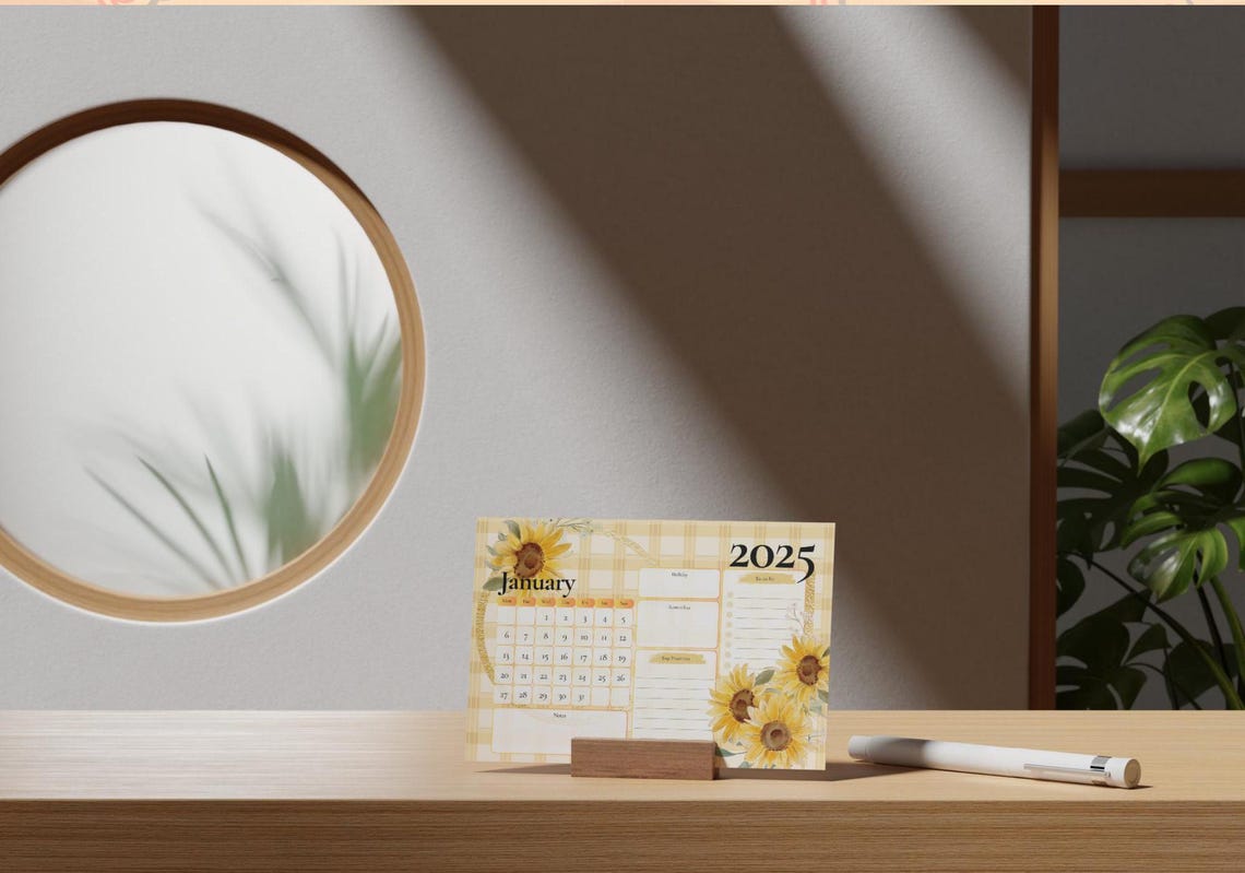 PRINTABLE 2025 CALENDAR Sunflower, Desk Calendar, Pdf Png Printable PDF ...