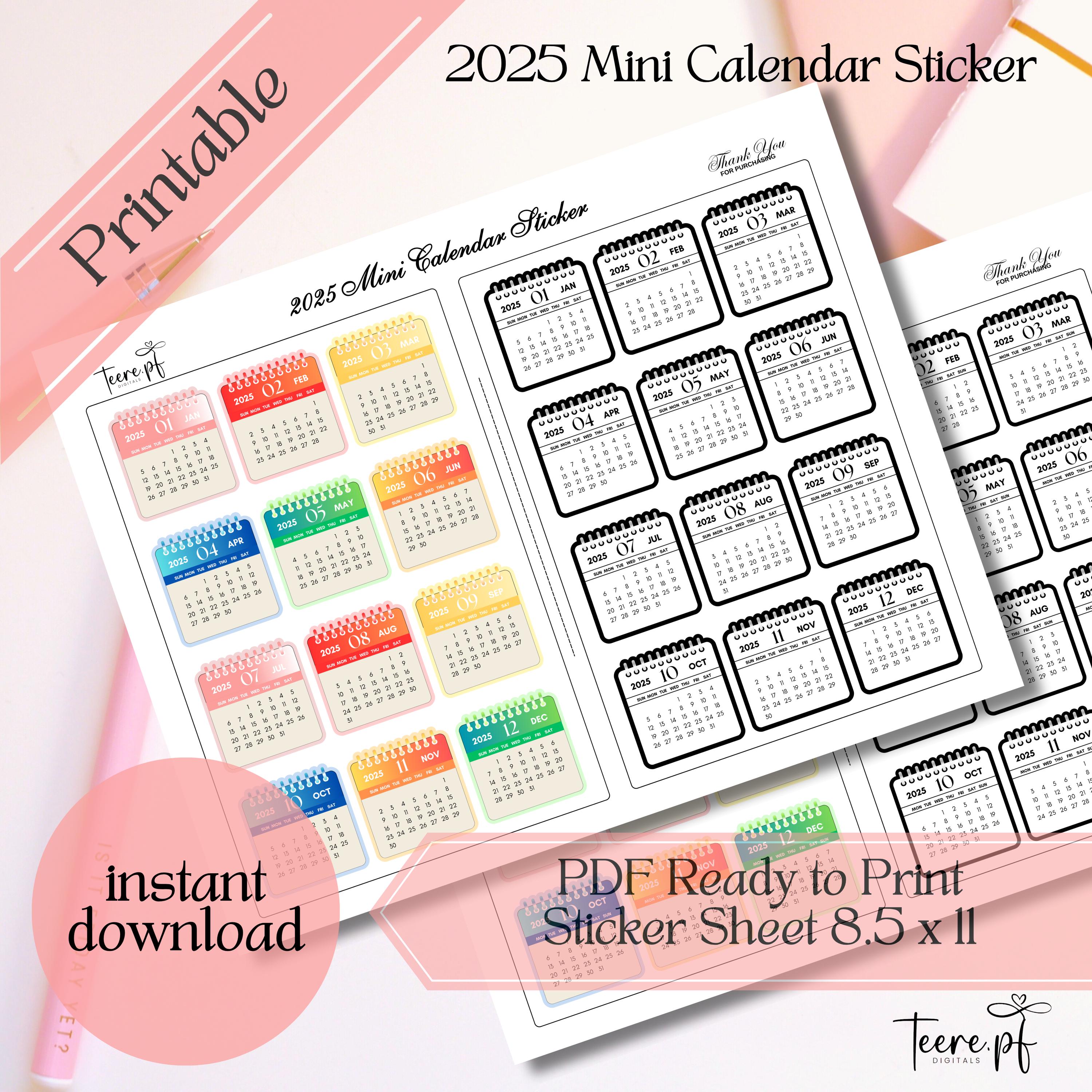 2025 Mini Calendar Sticker, Printable Planner Sticker - Etsy