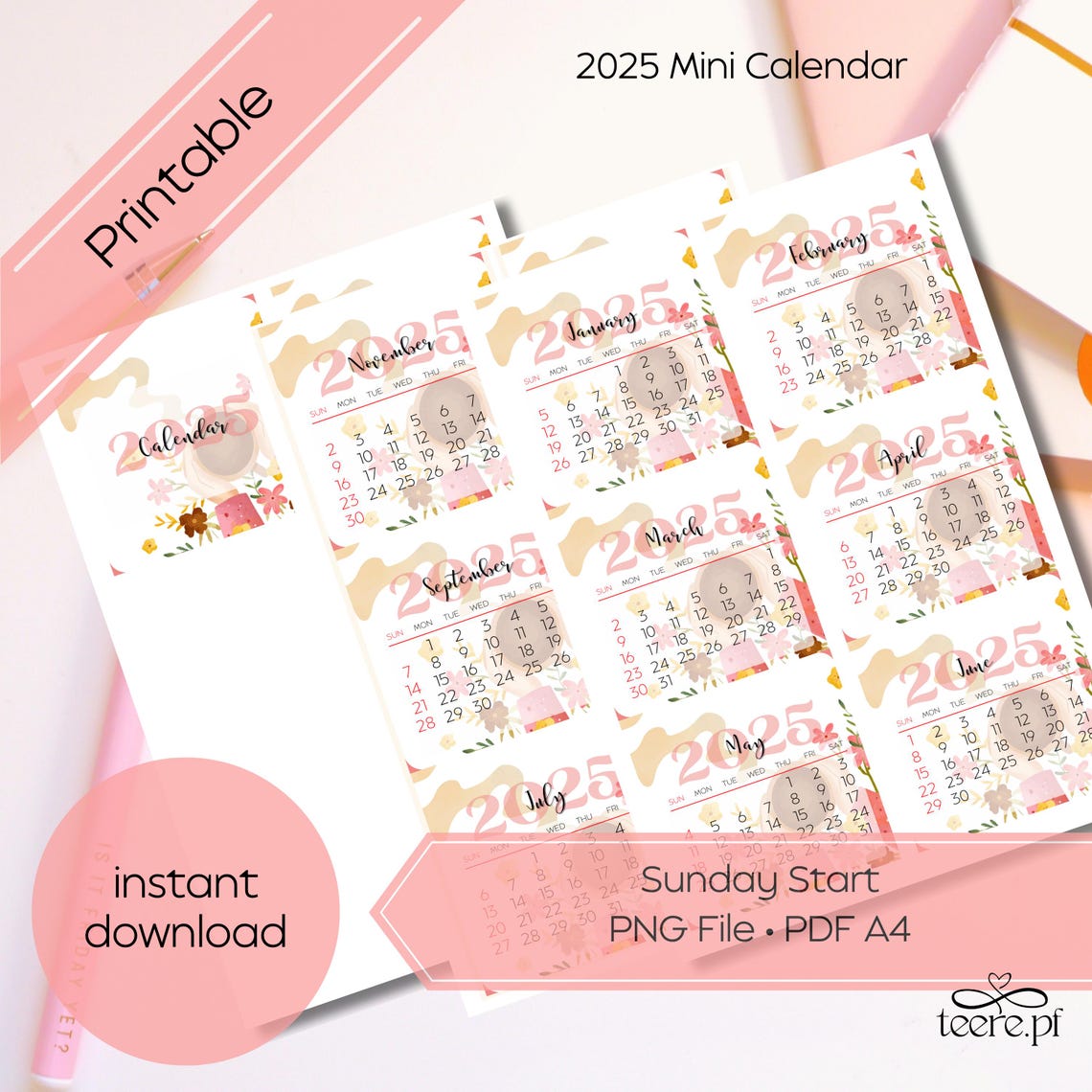 2025 Printable Mini Desk Calendar Bundle, Office Calendar, PDF, PNG, A4 ...