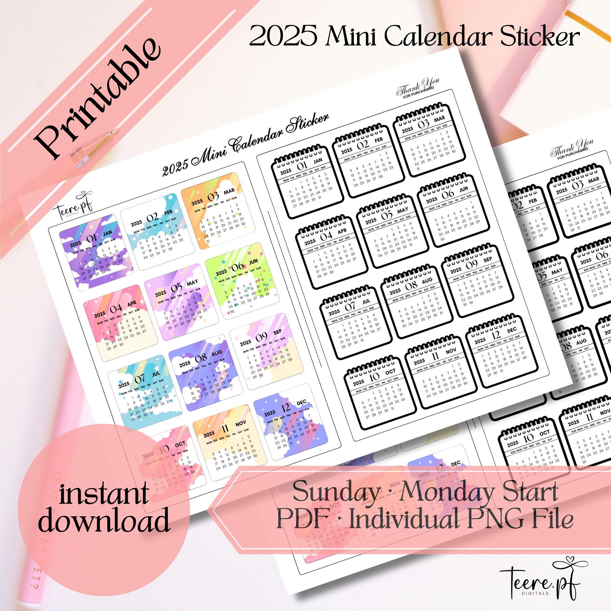 2025 Mini Calendar Sticker, Printable Planner Sticker - Etsy