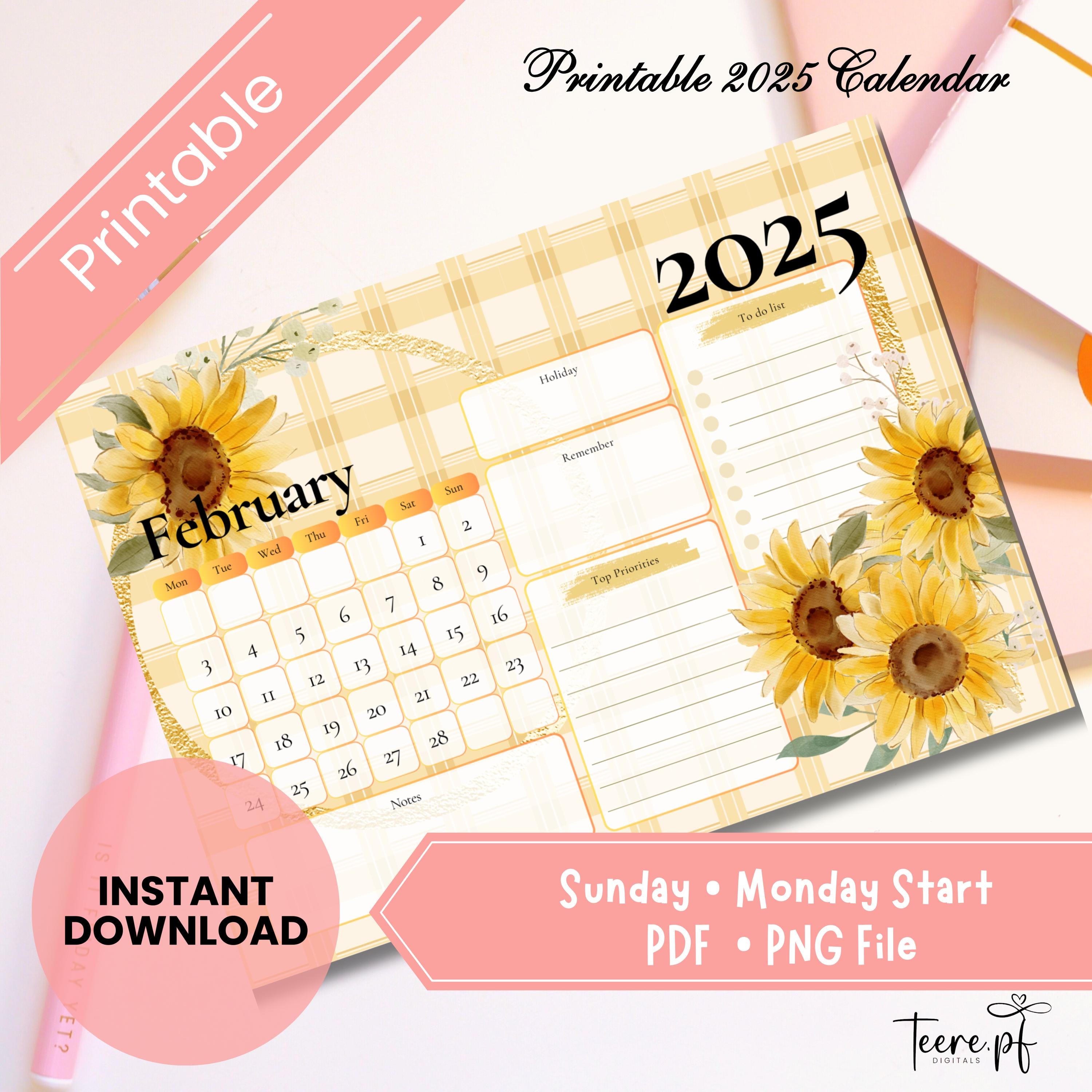 PRINTABLE 2025 CALENDAR Sunflower, Desk Calendar, Pdf Png Printable PDF ...