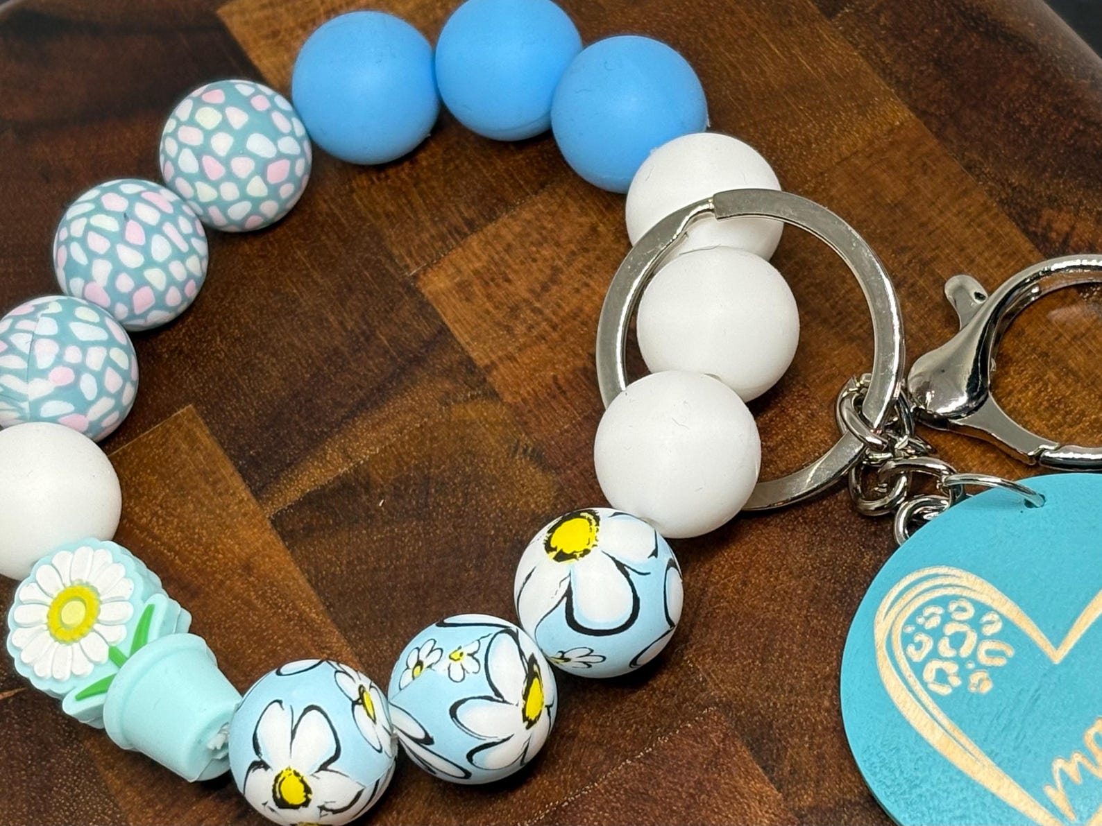 Blue, White & Sunflower Silicone Beaded Bracelet Keychain – 15mm ...
