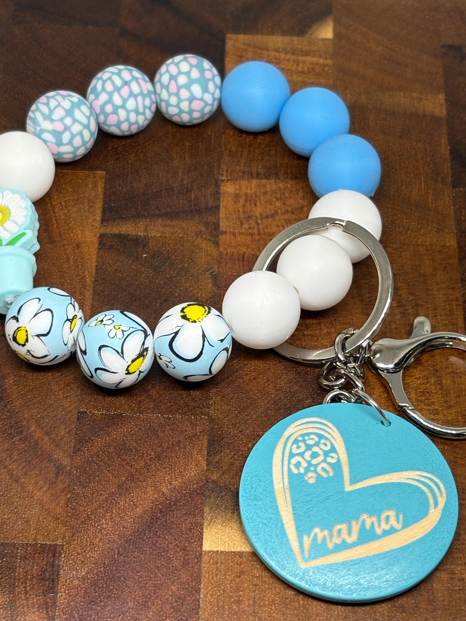 Blue, White & Sunflower Silicone Beaded Bracelet Keychain – 15mm ...