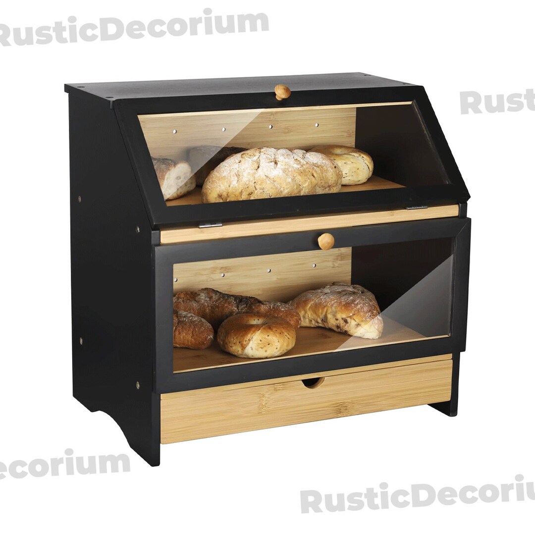 Double Layer Bamboo Large Bread Box With Drawer Rustic Bread Box Bread ...