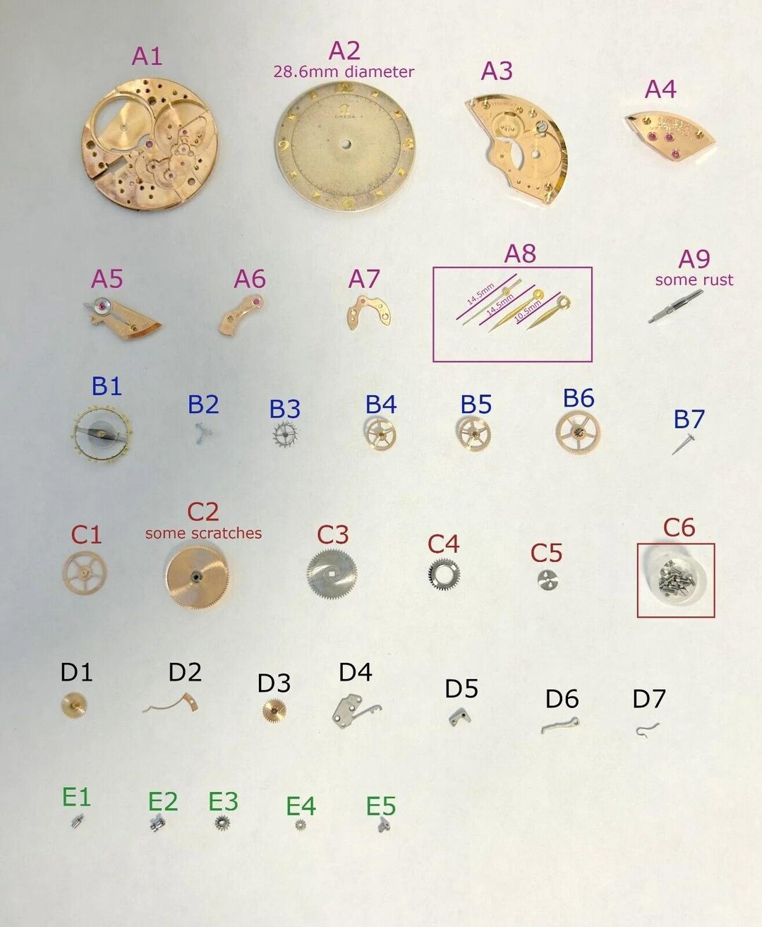 Omega Cal 370 Watch Movement Parts Dial Hands 28 28SC 360 371 372 28SC ...