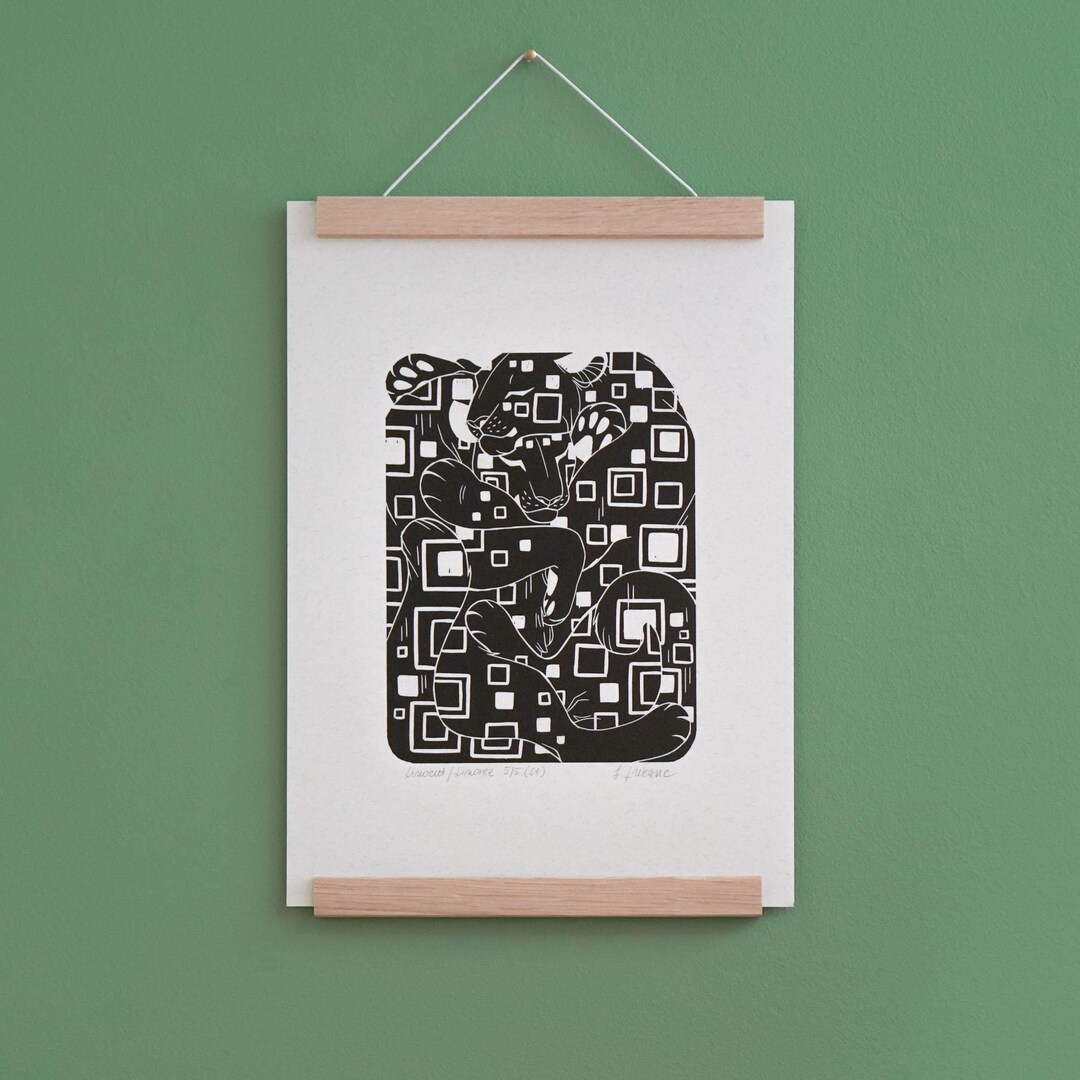 Snow Leopard Linocut Print, “the Hug” Handmade Art, Signed & Numbered ...