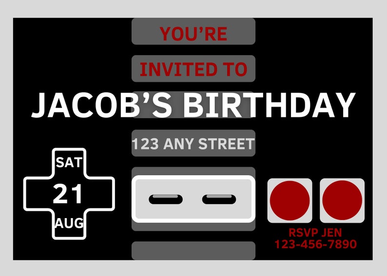EDITABLE NINTENDO CONTROLLER Inspired Birthday Invitation Template ...