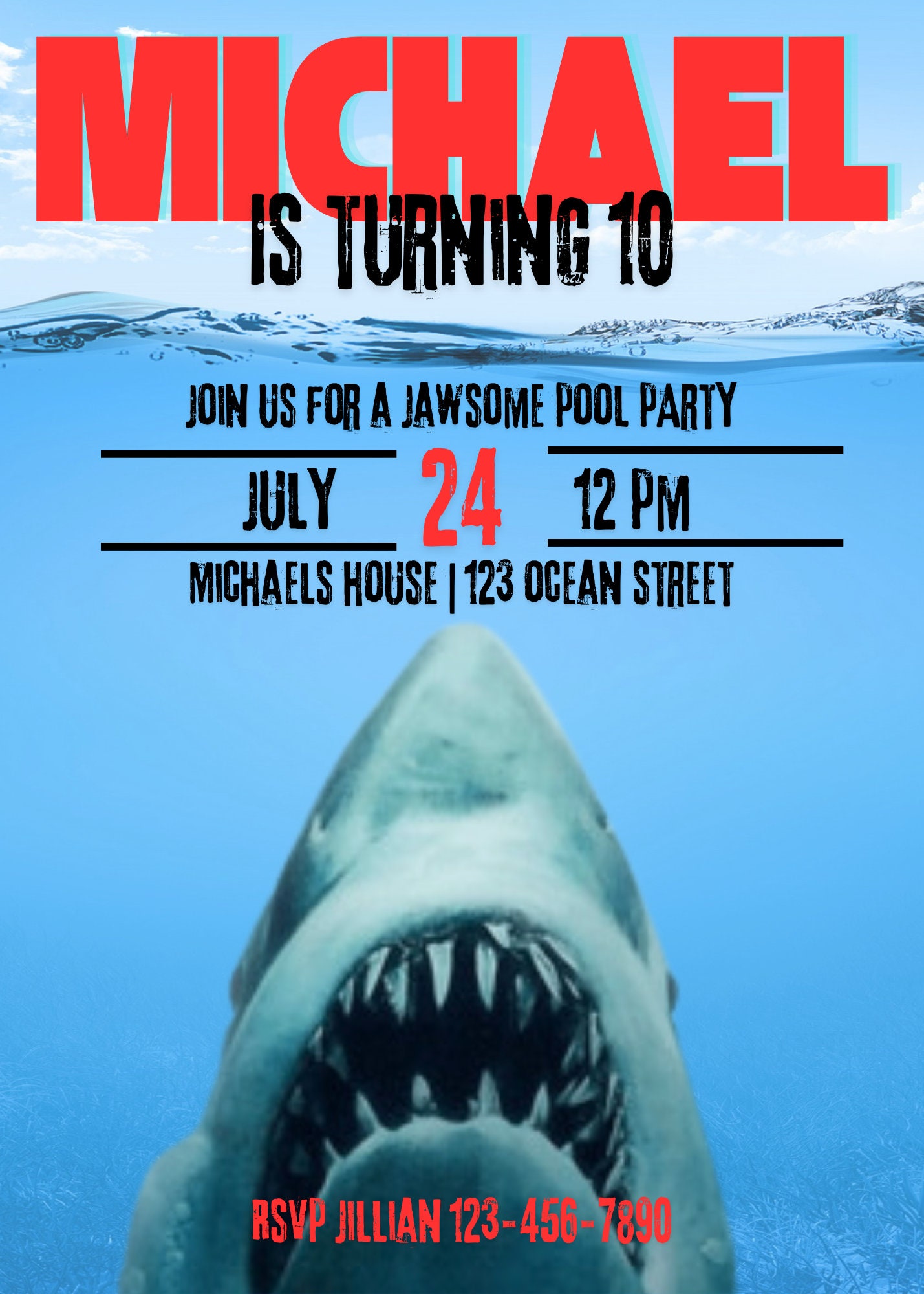 EDITABLE JAWS INVITATION Shark Birthday Pool Party Birthday Jaws Movie ...