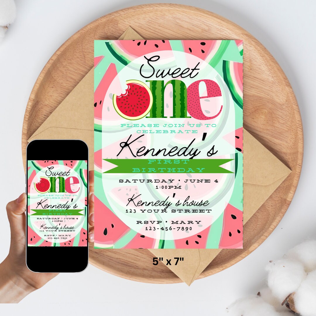 Editable First Birthday Invitation Watermelon Invite 5x7 Custom Print ...
