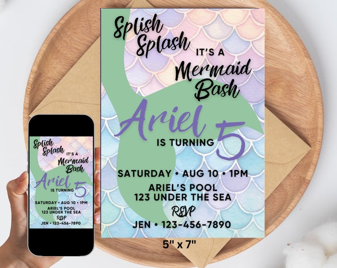 Mermaid Pool Party Invitation With Photo, Mermaid Photo Invitation ...