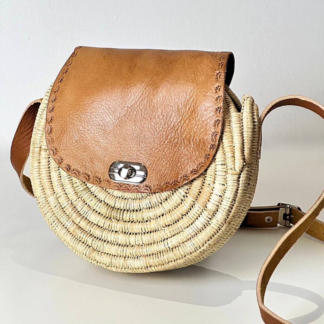 Handmade Moroccan Round Rattan Bag With Leather Flap Boho Chic ...