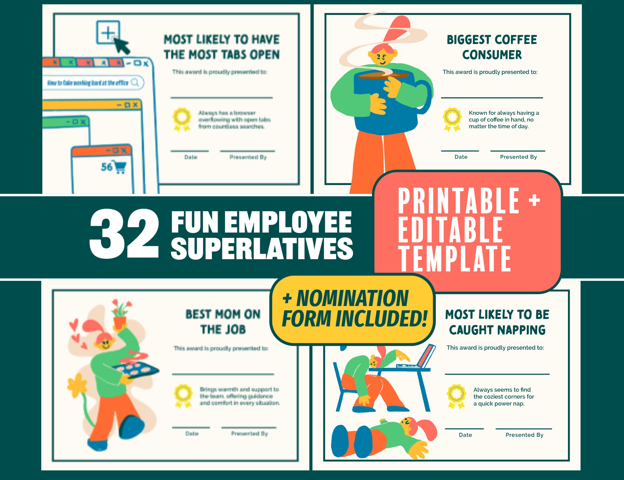 Office Party Activity Funny Staff Superlatives Employee Certificates ...