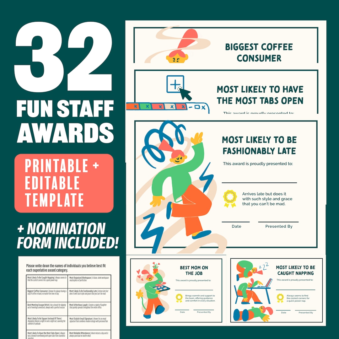 Office Party Activity Funny Staff Superlatives Employee Certificates ...