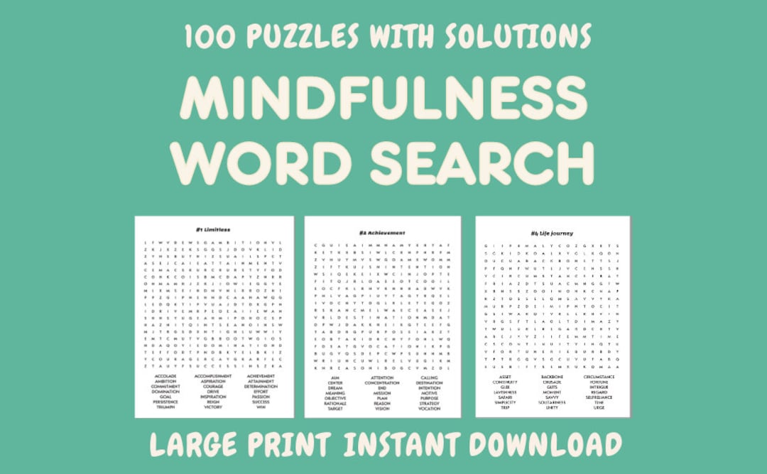 100 Mindfulness Word Search Puzzles Bundle With Solutions + Gift - Etsy