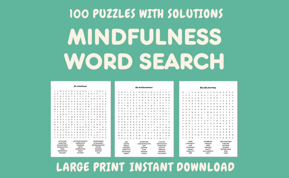 100 Mindfulness Word Search Puzzles Bundle With Solutions + Gift - Etsy