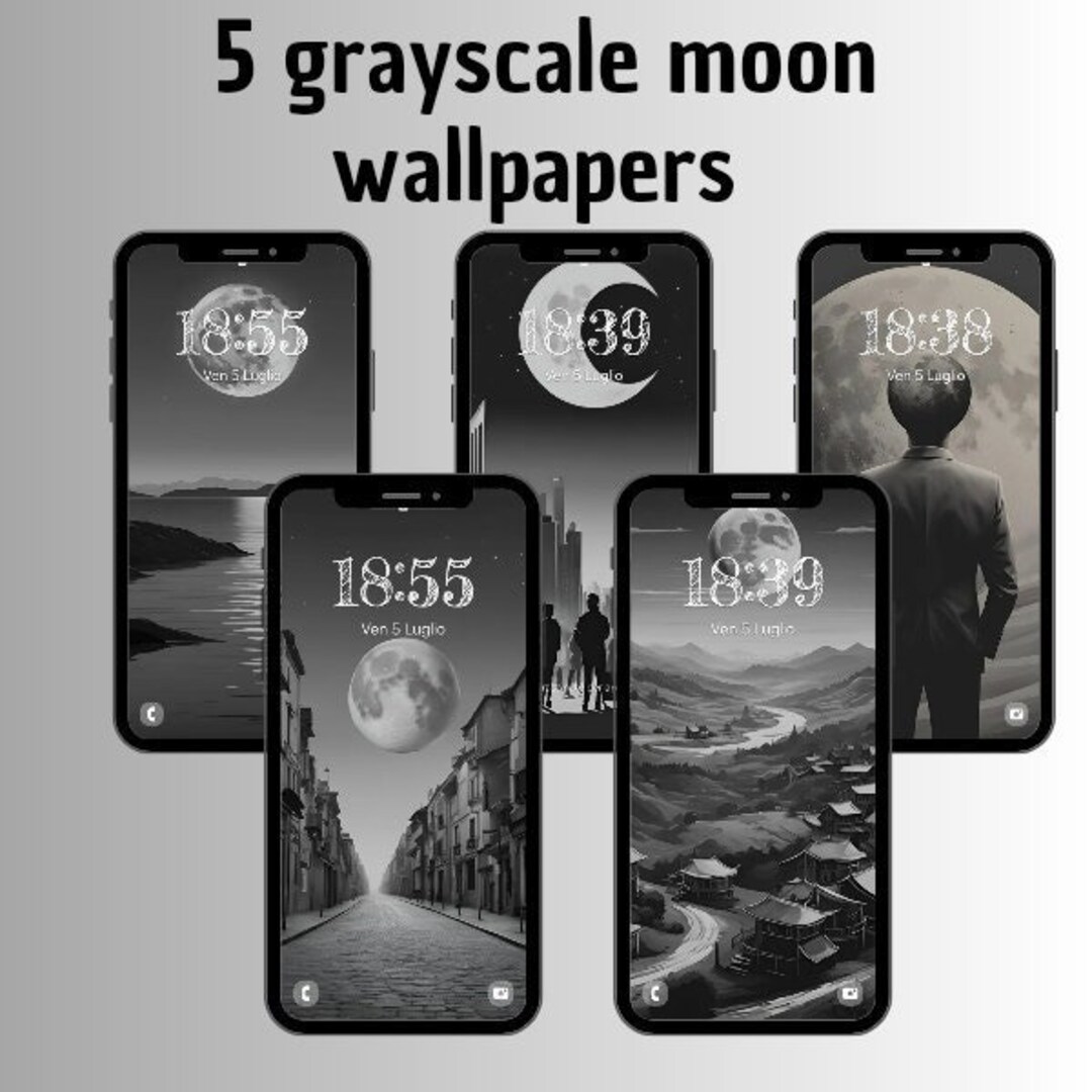 5 Stylized Grayscale Moon Wallpapers Collection 2 - Etsy