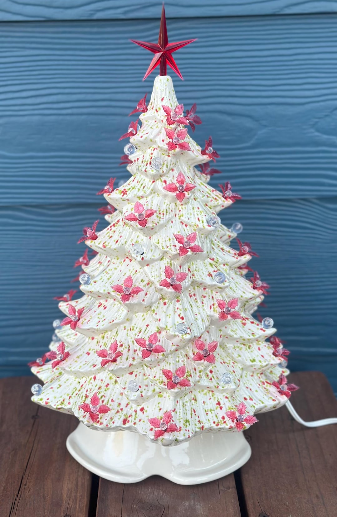 Large Lighted Ceramic Christmas Tree With Glossy White Glaze, Red ...
