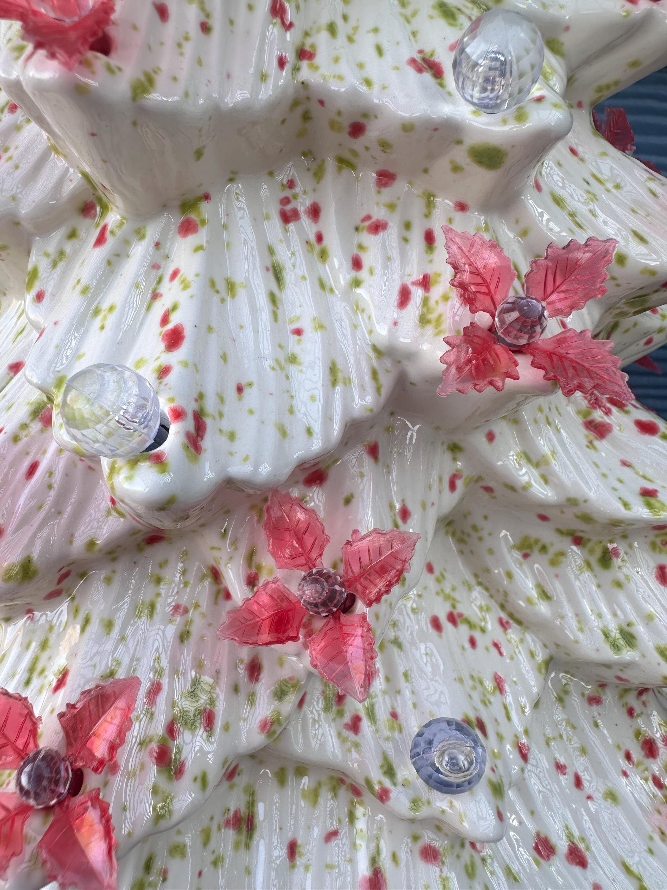 Large Lighted Ceramic Christmas Tree With Glossy White Glaze, Red ...