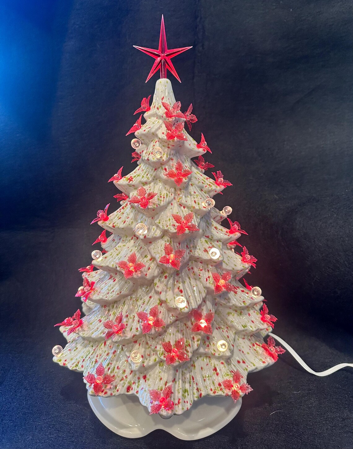Large Lighted Ceramic Christmas Tree With Glossy White Glaze, Red ...