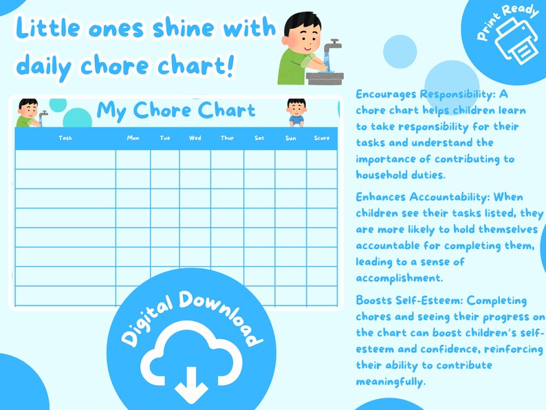 Printable Kids Responsibility Chore Chart Reward Chart Daily Checklist ...