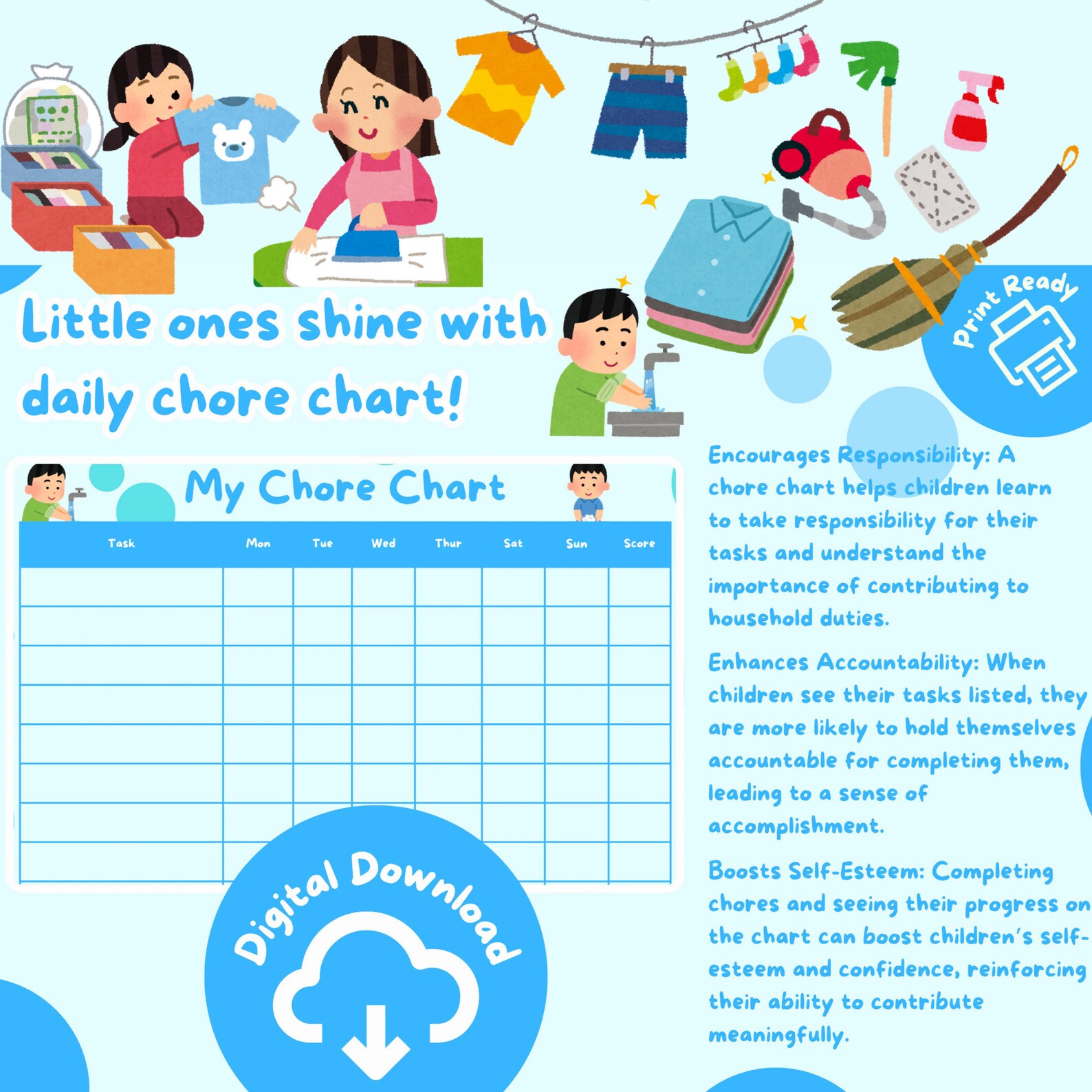 Printable Kids Responsibility Chore Chart | Reward Chart- Daily ...