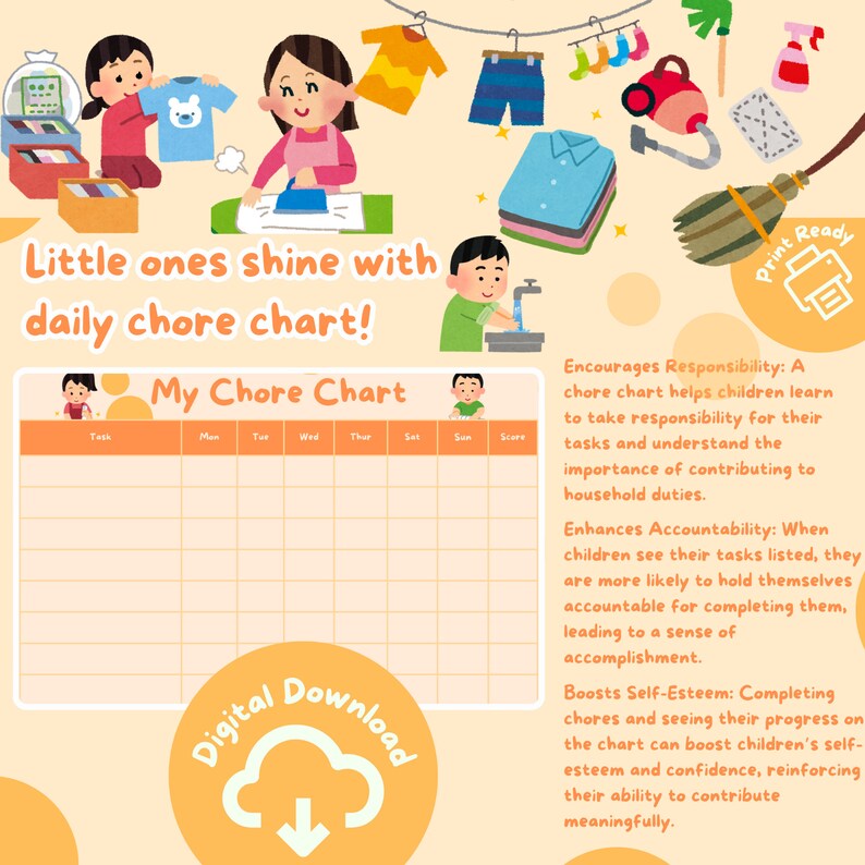 Printable Kids Responsibility Chart - Daily Checklist & Organization Planner for Children's ...