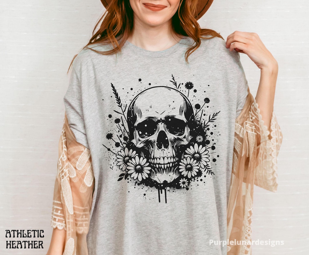 Trendy Floral Skull Shirt, Womens Skeleton Graphic Tee, Cute Goth Black ...