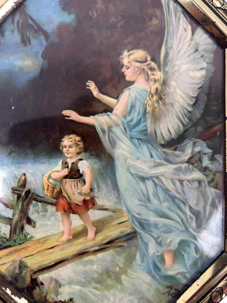 Vintage Devotional and Memorial Picture of a Guardian Angel, Old, 16 X ...