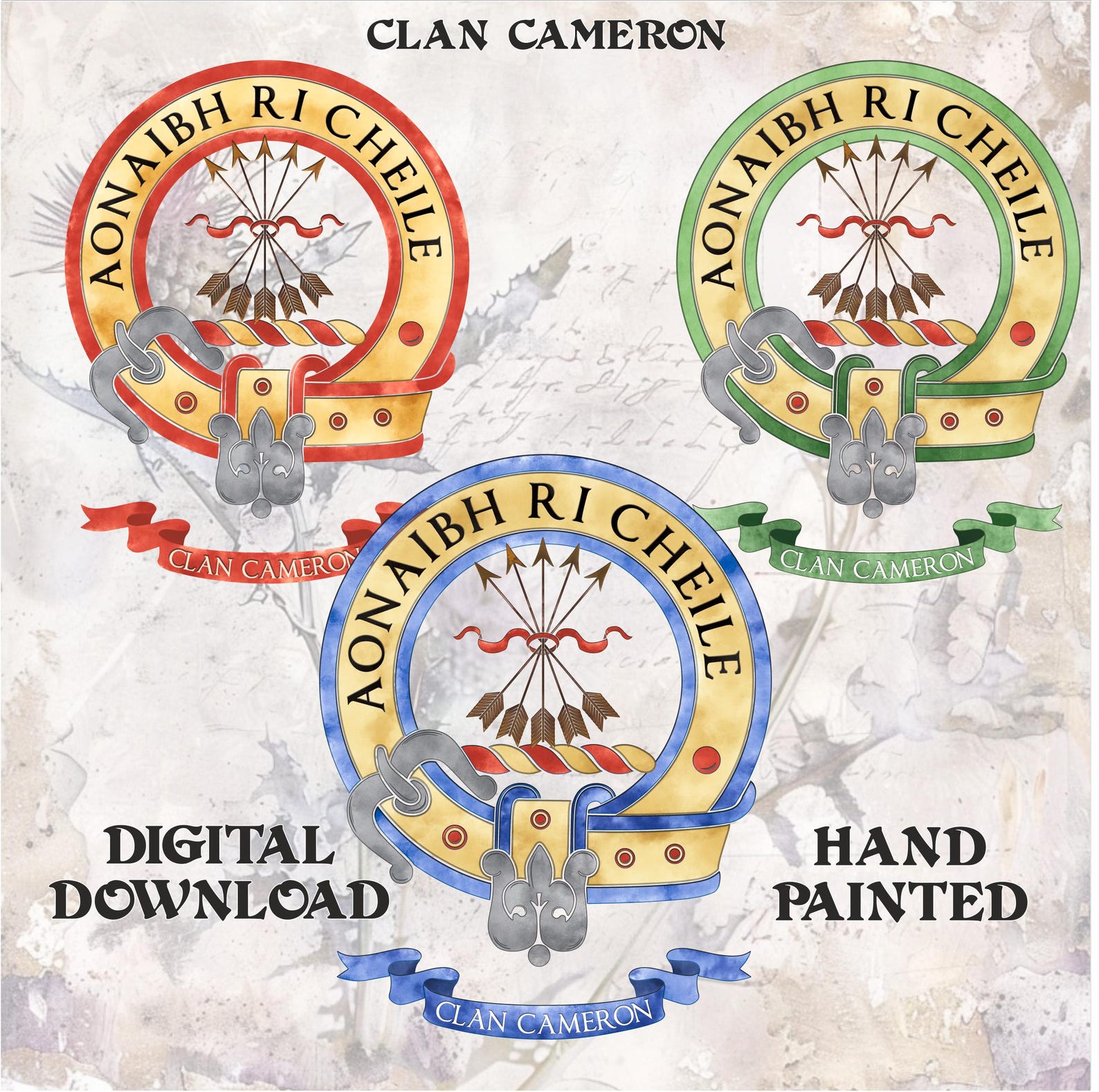 Cameron Scottish Clan Badge Digital Download | Hand Painted Watercolour ...
