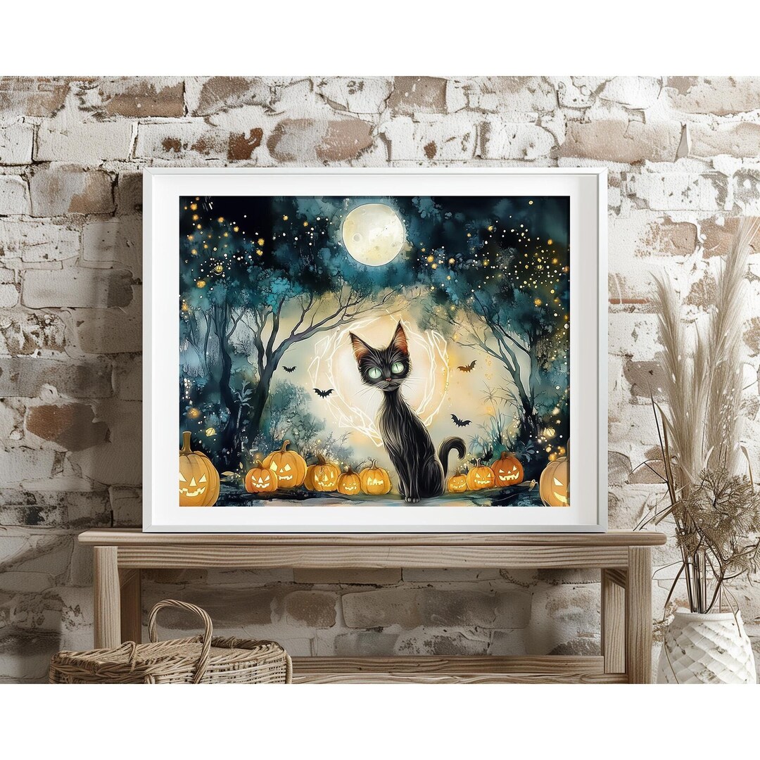 Black Cat Halloween Art Print, Fine Art, Stretched Canvas, or Rolled ...