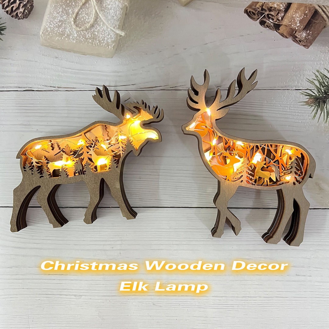 Wooden Elk With Warm Light,wooden Moose,deer Lamp Desk Decor,christmas ...
