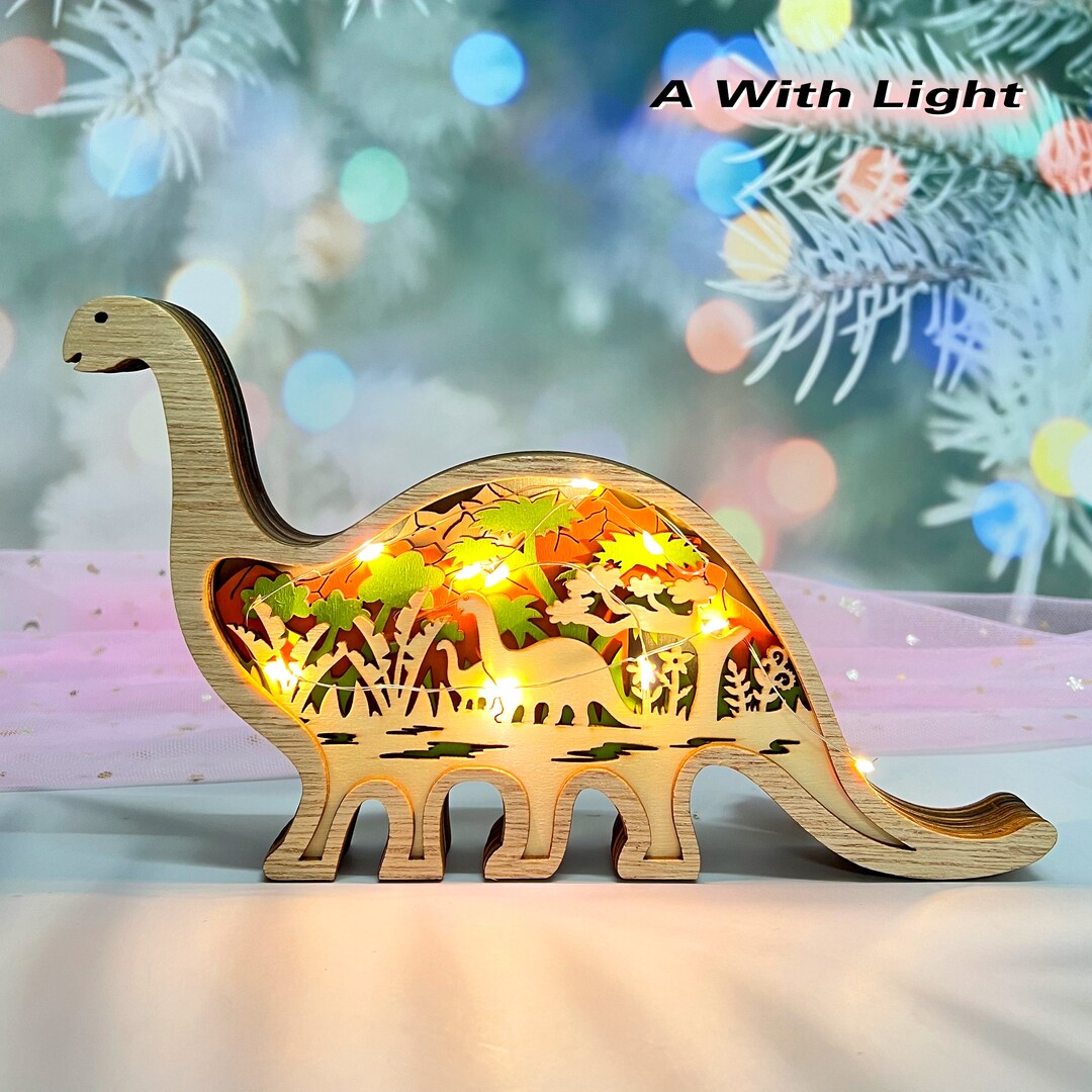 Wooden Carving Dinosaur With Light,3d Natural Animal Decoration ...