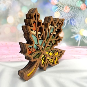 Wooden 3D Carved Maple Leaf Warmth Lamp,wooden Nature's Beauty,tabletop ...
