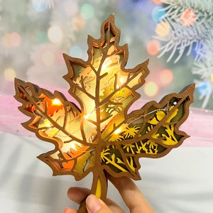 Wooden 3D Carved Maple Leaf Warmth Lamp,wooden Nature's Beauty,tabletop ...
