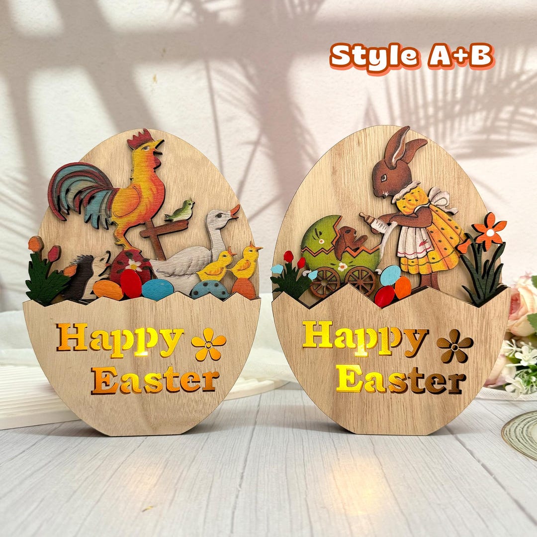 Wooden Happy Easter 2025, Easter Ornament With LED Lights, Easter Gift ...