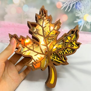 Wooden 3D Carved Maple Leaf Warmth Lamp,wooden Nature's Beauty,tabletop ...