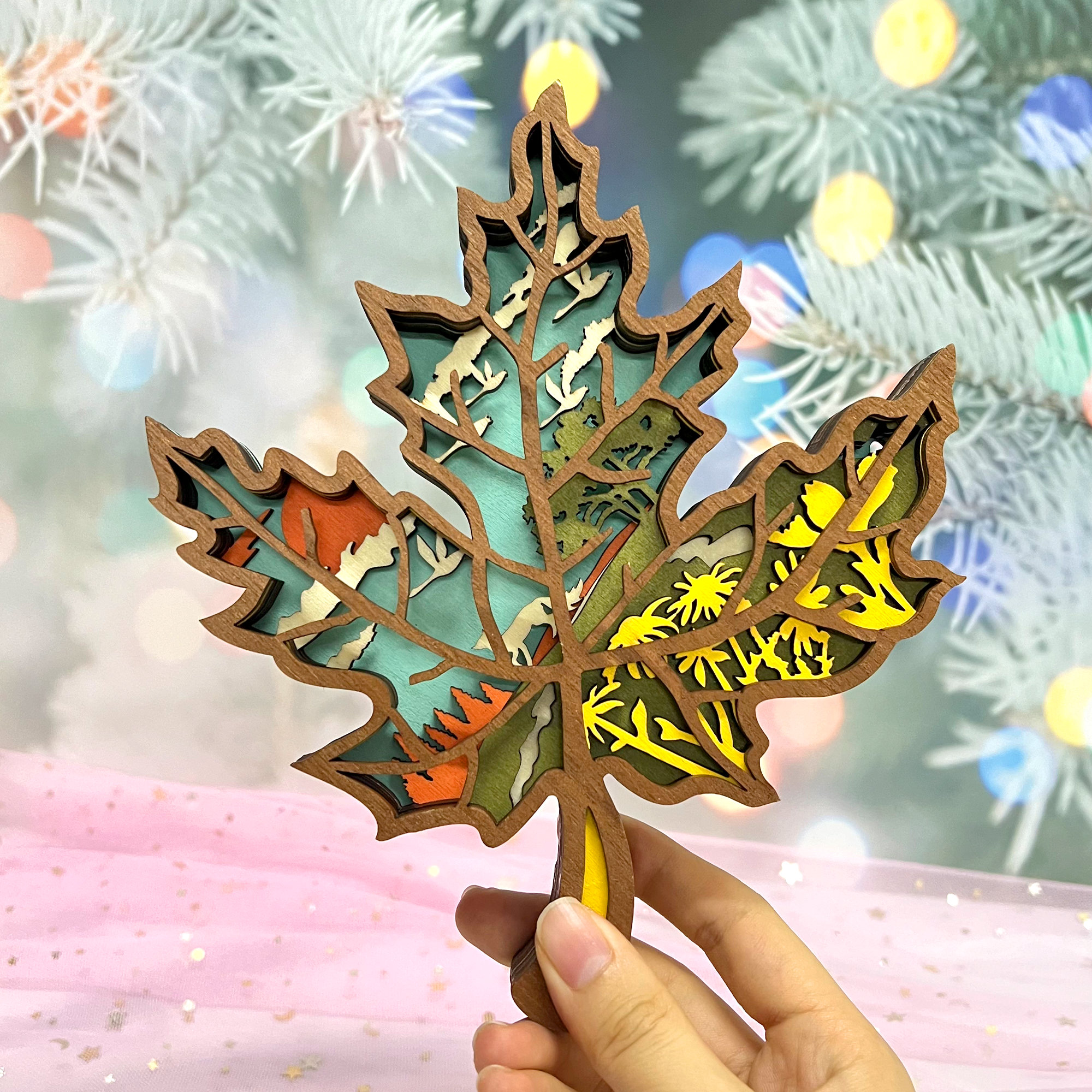 Wooden 3D Carved Maple Leaf Warmth Lamp,wooden Nature's Beauty,tabletop ...