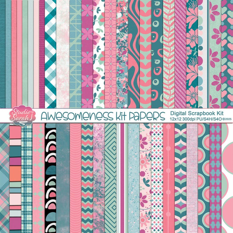 Awesomeness Digital Scrapbook Kit, Teal, Fuchsia, Pink, Blue, Green ...