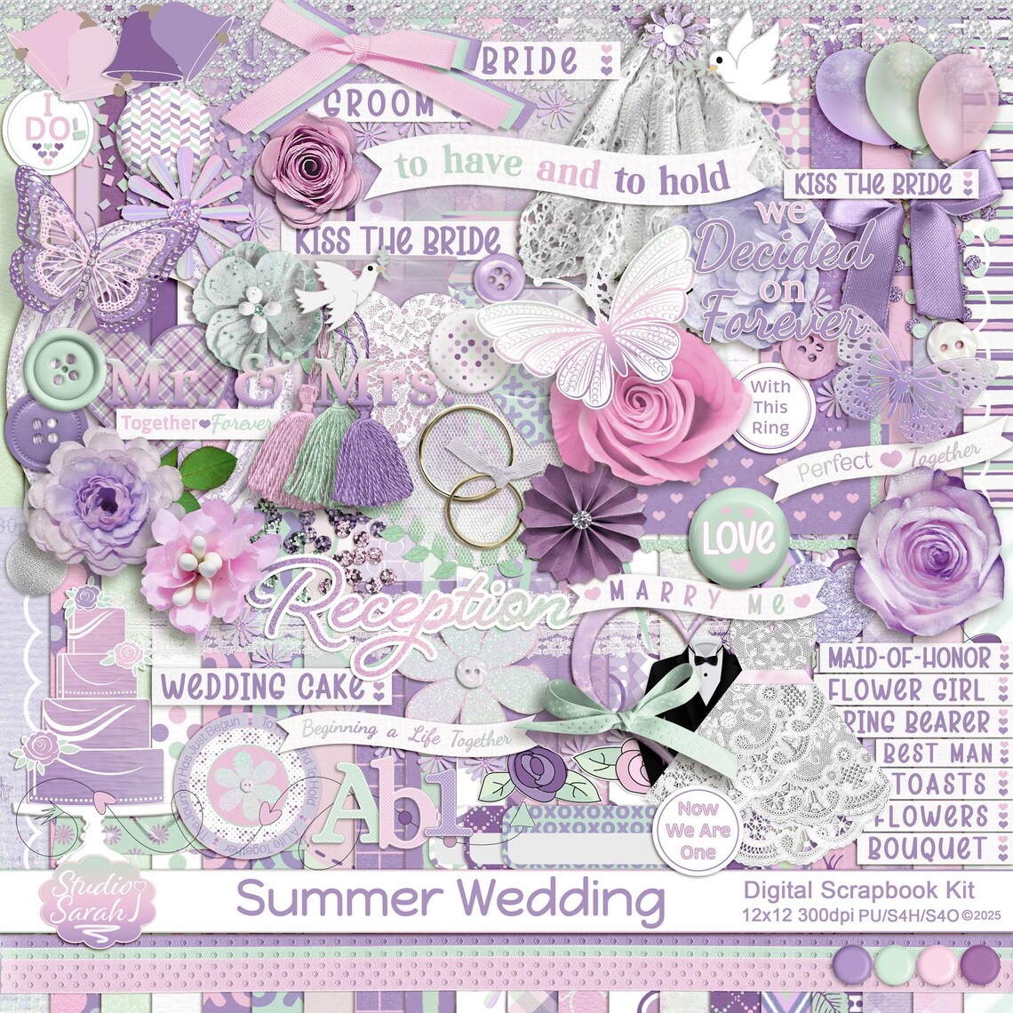 Summer Wedding Digital Scrapbook Kit Featuring Pinks, Purples & Greens ...