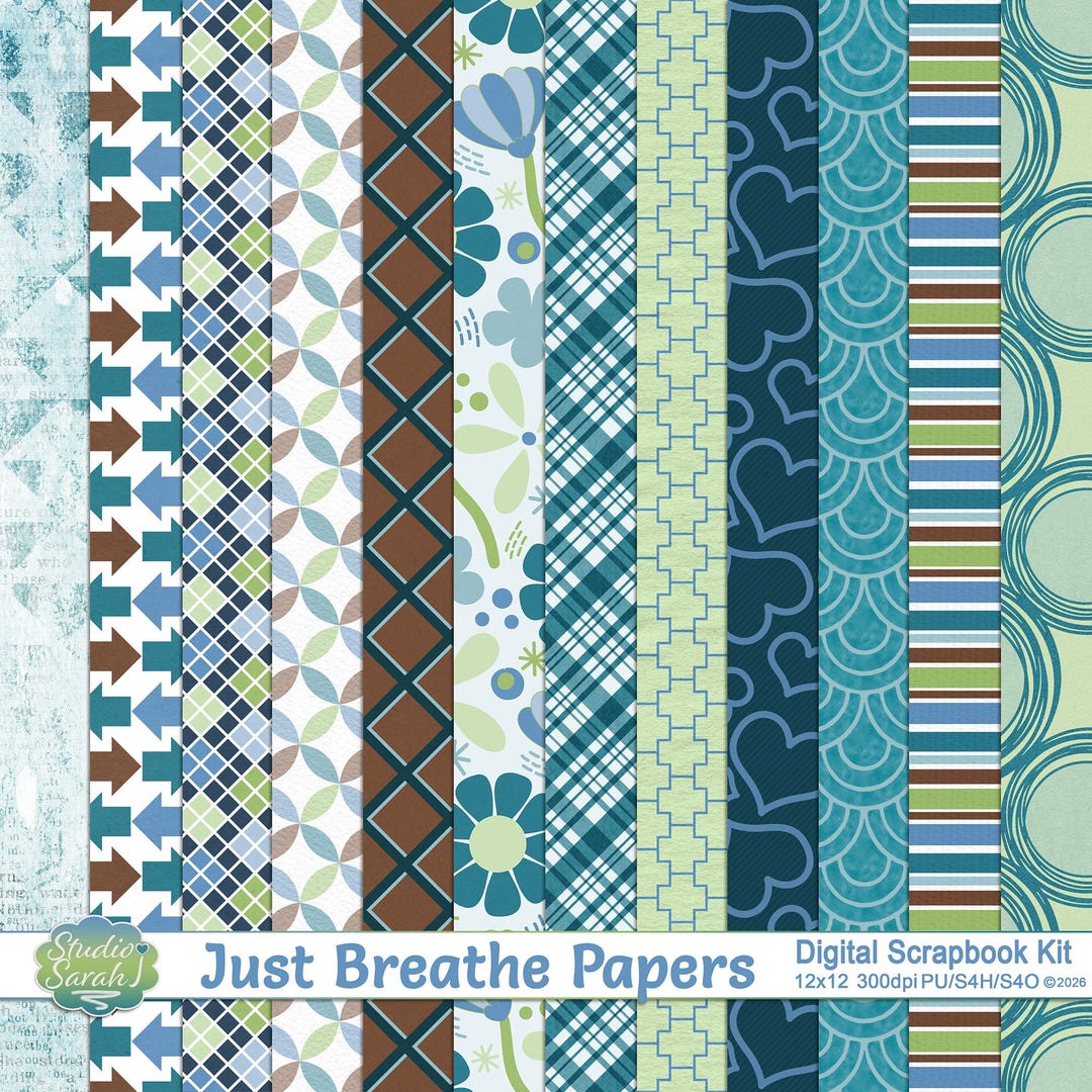Just Breathe Digital Papers Kit Featuring Blues, Greens, Teals and ...