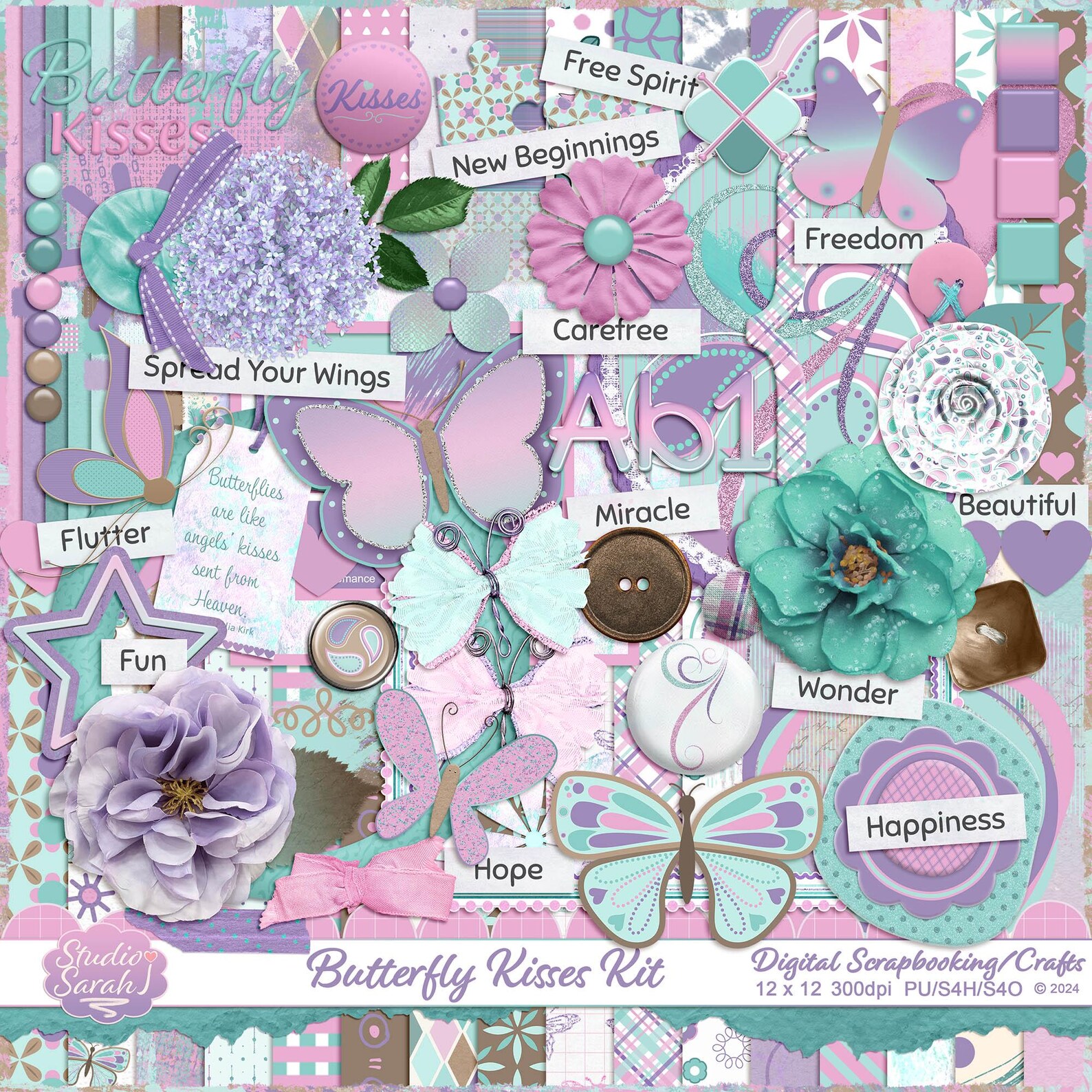 Butterfly Kisses Digital Scrapbook Kit, Girly Fun Elements, Pink ...