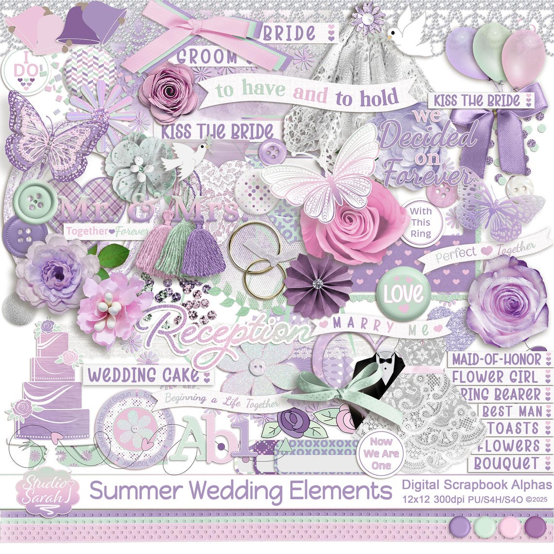 Summer Wedding Digital Scrapbook Kit Featuring Pinks, Purples & Greens ...