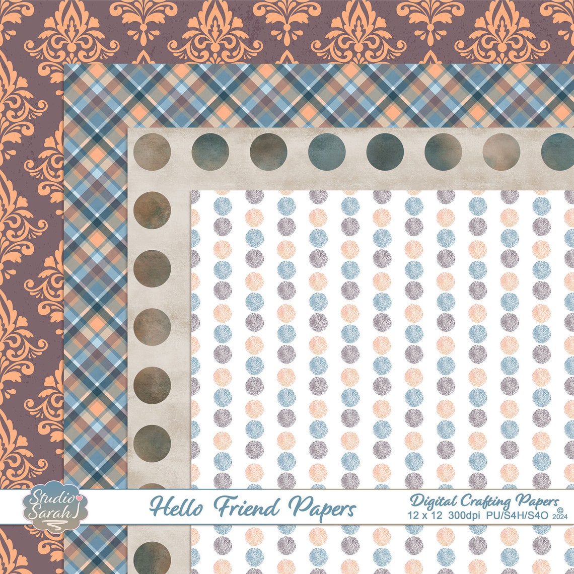 Hello Friend Digital Papers Kit, Blues, Oranges, Browns - Etsy