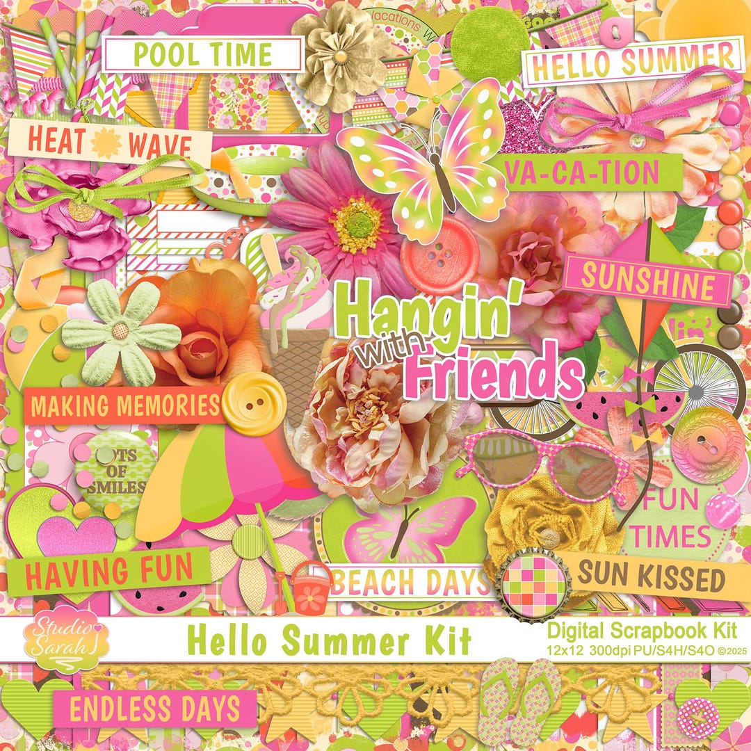 Hello Summer Digital Scrapbook Kit Featuring Oranges, Yellows, Pinks ...